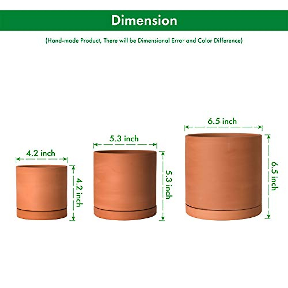 D'vine Dev Terracotta Pots for Plants, 4.2 Inch 5.3 Inch 6.5 Inch, Succulent Planter Pot with Drainage and Saucer, 40-A-T-1