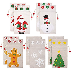 10 Pieces Small Christmas Drawstring Gift Bags 5x9 Inches Burlap Gift Bags Christmas Santa Snowman Linen Candy Bag Sacks for Xmas Holiday Party Favors