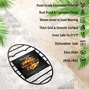 DIMESHY Roasting Rack, Black with Integrated Feet, Enamel Finished, Nonstick, fit for 13 inches oval roasting pan, safety, dishwasher, Great for Basting, Cooking, Drying, Cooling rack.(10”x 6.5”)