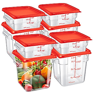Suclain 8 Pcs Food Storage Container with Lids Set 2qt and 4qt Square Clear Commercial Containers with Scales Handles for Home Restaurant Kitchen Food Storage, Marinating Meat, Proof Dough (Red)