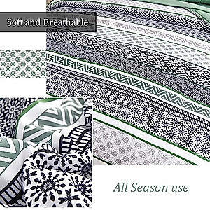 Luxudecor Boho Comforter Set Queen Size 7 Piece, Green Bohemian Bed in a Bag, Striped Comforter and Sheet Set, Soft Microfiber Bedding Set for All Season(Green, 90"x90")