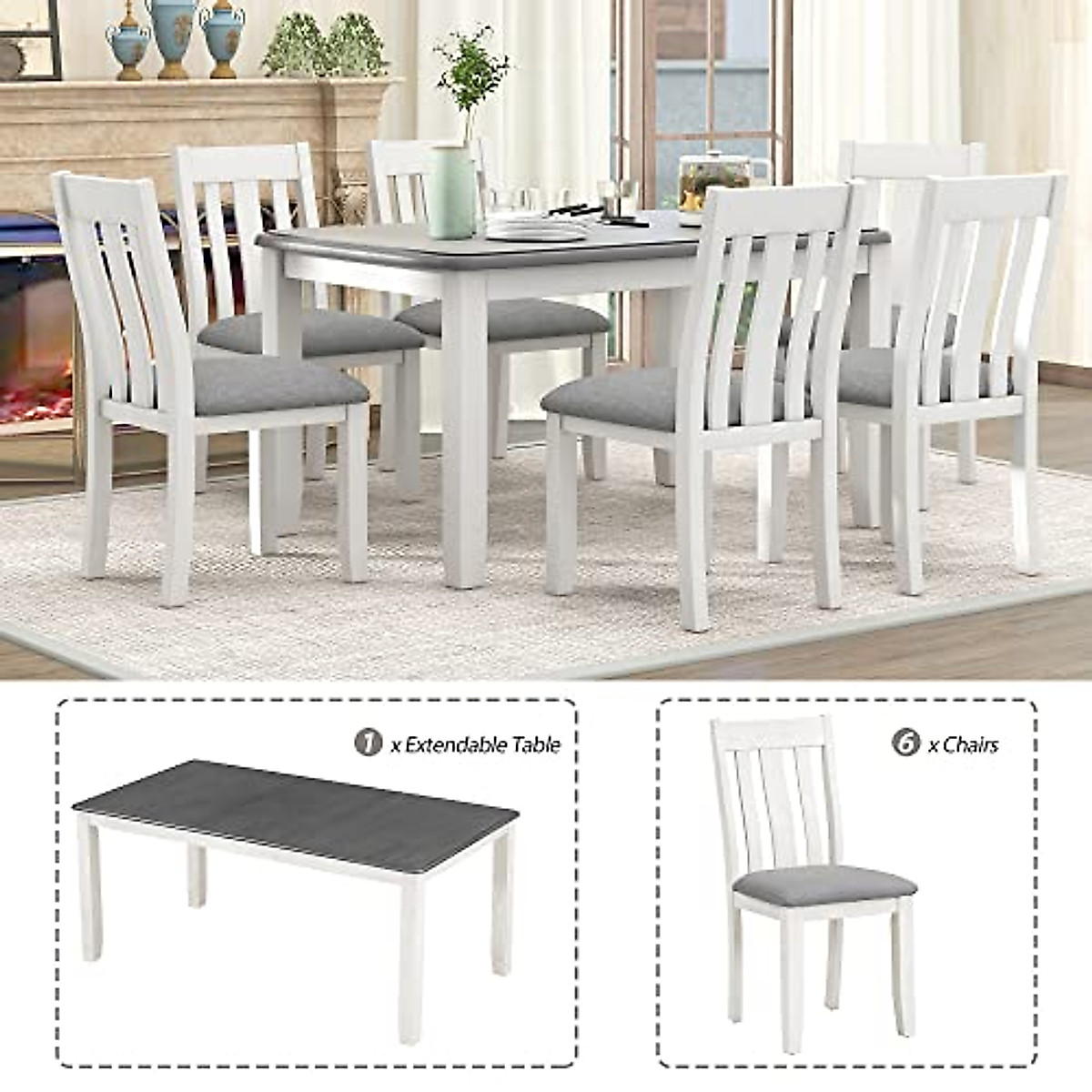WOZNLA 7-Piece Wooden Extendable Dining Table Set - Retro Style Kitchen Table and 6 Upholstered Chairs - Expandable Design for Flexible Seating - Perfect for Dining Room Gatherings