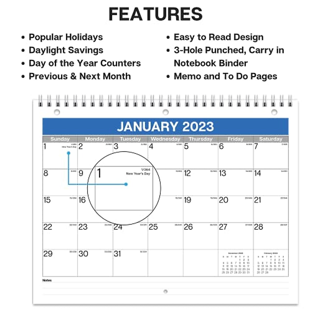 Dunwell Small Wall Calendar 2023-2024 - (Blue, 8.5x11"), Use Now to June 2024, Monthly Calendar for Notebook, Three Hole Punched, Use with Binder Folder, Desk or Wall, or Desktop Calendar 2023 2024
