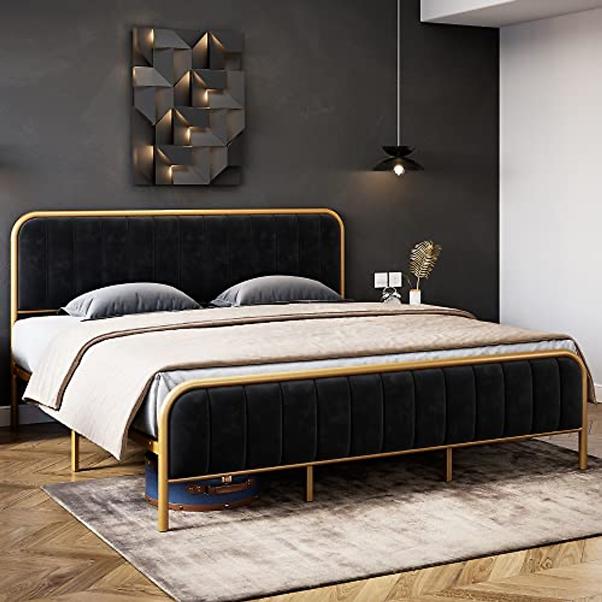 Senfot King Size Bed Frame with Gold Metal Frame, Modern Platform Bed, Noise Free Design, Wood Slats Support, No Box Spring Needed, Easy Assembly in Black