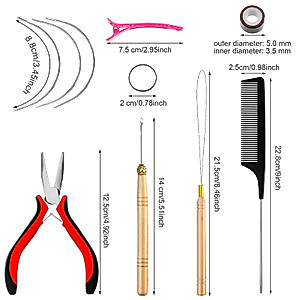 Chuangdi Sew in Hair Extension Tool Kit, 600 Silicone Lined Micro Ring Beads 1 Pliers 2 Hook Needle Pulling Loop 10 Curved Hair Needle 4 Alligator Clips 1 Comb 100 Black Mini Rubber Band