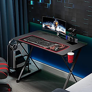 EE EUREKA ERGONOMIC Gaming Desk 39 inch, Small Gaming Table for Kids, Gift Idea, PC Computer Desk,Home Office Desk Workstation with Carbon Fiber Surface,Gamer Desk with Headphone Hook and Cup Holder