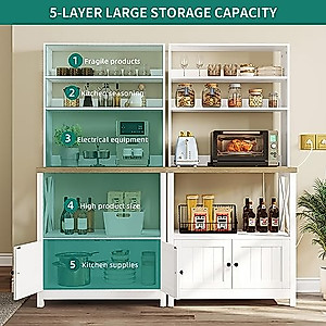 YITAHOME White Microwave Stand Bakers Rack Cabinet, Farmhouse Freestanding Small Kitchen Pantry Hutch Tall w Doors Power Outlet Thickened Counter, Coffee Bar Storage Shelves