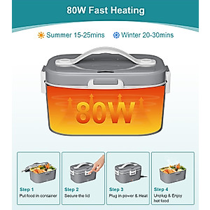 Dicorain Electric Lunch Box, 80w 1.8L Heated Lunch Box for Truck/Car/Office/Home/Work, 12/24/110v 3 In 1 Portable Food Warmer Lunch Box with Removable SS Container, Fork & Spoon (Grey)