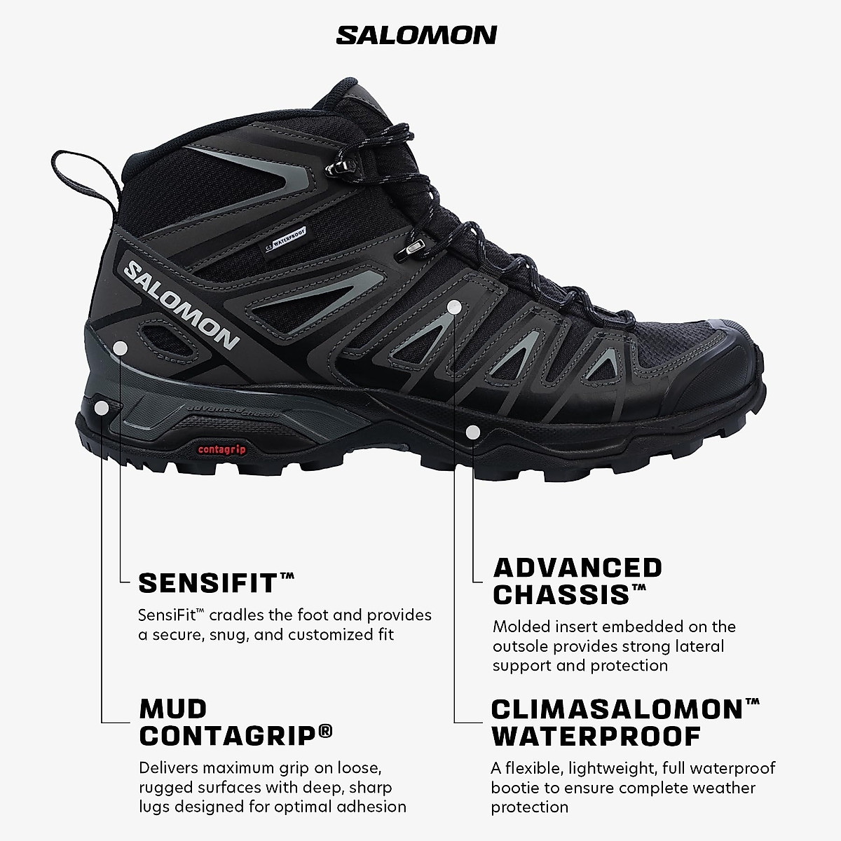 Salomon Men's X ULTRA PIONEER MID CLIMASALOMON™ WATERPROOF Hiking Boots for Men, Black / Magnet / Monument, 10.5