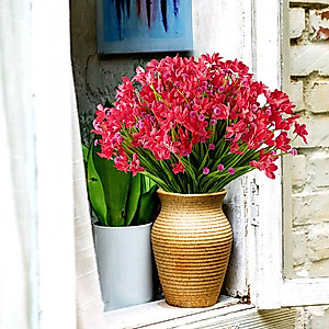 GREBOU 10 Bundles Artificial Daffodils Flowers Faux Plastic Lotus Shrubs UV Resistant No Fade Faux Greenery for Bridal Bouquet Home Garden Hanging Planter Porch Patio Office Wedding Decoration(Red)