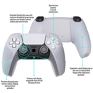 PlayVital Mecha Edition Clear White Ergonomic Soft Controller Silicone Case Grips for ps5, Rubber Protector Skins with Thumbstick Caps for ps5 Controller - Compatible with Charging Station