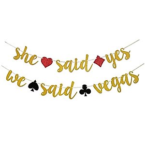 She Said Yes We Said Vegas Gold Glitter Banner Sign Garland Pre-strung for Las Vegas Bachelorette Party Decorations