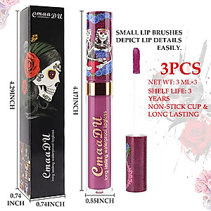 evpct 3Pcs Mauve Sandy pink Chestnut Dark Red Matte Liquid Lipstick Lip Gloss Stain Makeup Set for Women Skull Face 24 Hour Long Lasting Waterproof Lipstick Smudge Proof labial mate larga duracion 24