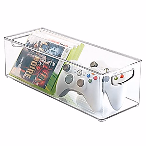 mDesign Plastic Video Game Organizer - Game Storage Holder Bin with Handles for Media Console Stand, Closet Shelf, Cabinets, Tower, and Bookshelves - Holds Disc, Video Games, Head Sets - 2 Pack, Clear