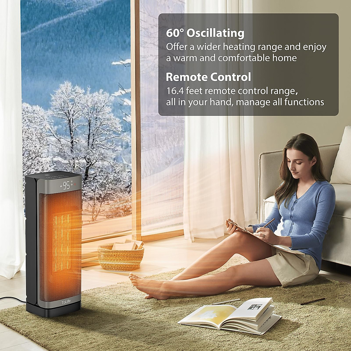 Space Heater Indoor with Thermostat, 16 inch PTC Electric Heater, 60°Oscillating, 4 Modes, 12h Timer, 1500W Portable Heater for Indoor Use, Grey