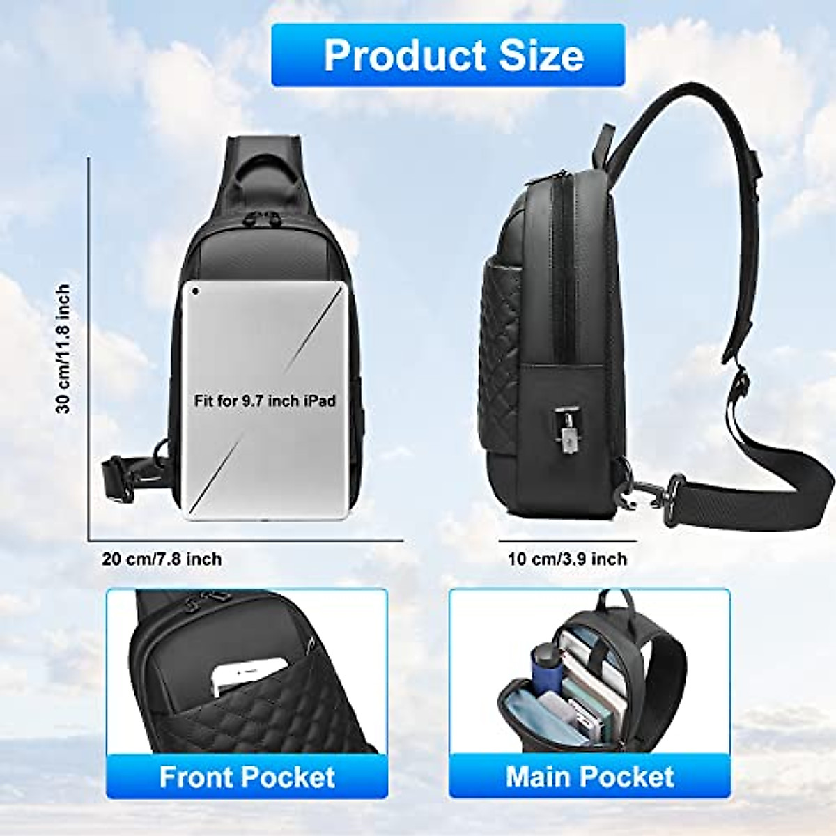 GYakeog Sling Bag for Men Women, Waterproof crossbody bag Tactical Sling Backpack for Men Shoulder Bag with USB Port Crossbody Chest for Outdoor Sport Travel Casaul black
