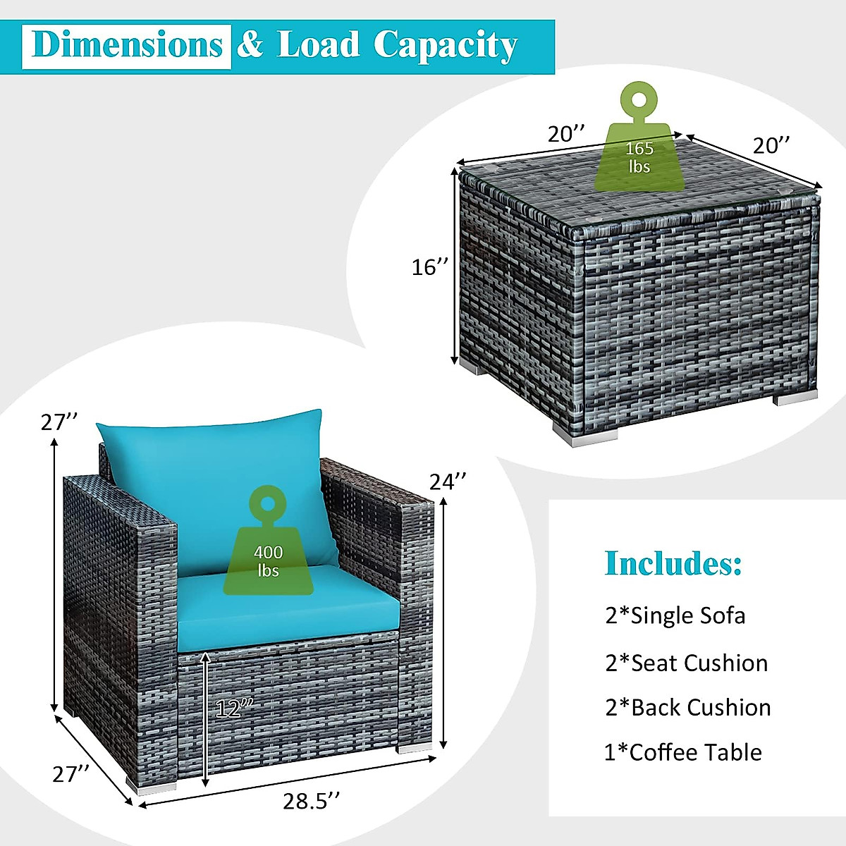 DORTALA 3 Pieces Patio Furniture Set, Outdoor Rattan Sofa Couch Set with Cushions, Tempered Glass Coffee Table, Wicker Patio Conversation Set for Lawn Backyard Poolside Balcony, Turquoise