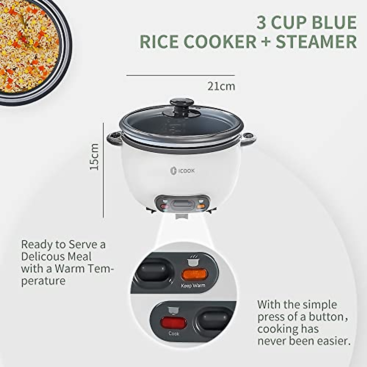 ICOOK 3-Cup Uncooked 6-Cup Cooked Rice Cooker 0.6L Grains,Oatmeal,Cereals Cooker,Rice Warmer Steamer,Small Mini Rice Cooker,Removable Nonstick Pot,Full View Glass Lid,White