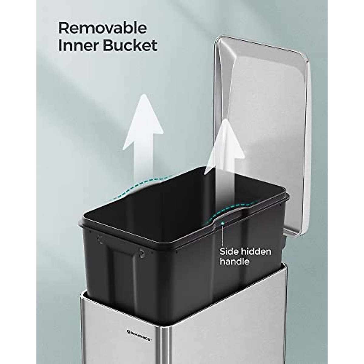 SONGMICS Slim Trash Can, 12.7 Gallon Garbage Can for Narrow Spaces with Soft-Close Lid, Inner Bucket, and Step-on Pedal, Stainless Steel, 15 Trash Bags Included, Silver ULTB510E48