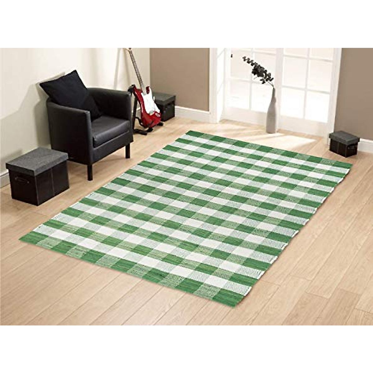 GLAMBURG Cotton Reversible Area Rug 3' x 5' Farmhouse Floor Mat, Handwoven Washable Carpet Checkered Plaid Rug for Front Porch Living Room Kitchen Bedroom - Green White