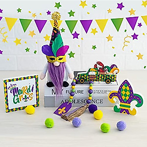 Mardi Gras Decorations,Mardi Gras Gnome Tiered Tray Decor,Mardi Grasi Gnome Plush,3X Rustic Wood Signs,Woodbead Garland,Mardi Gras Farmhouse Table Centerpiece Decor,Mardi Gras Decor