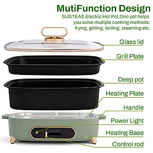 SUSTEAS 2 in 1 Electric HotPot with Removable Grill Pan, Non-Stick Skillet & 4L Shabu Shabu Pot,1200W with Slide Power Control for Frying,Grilling,Outdoor Camping BBQ, Family & Friend Gathering Party
