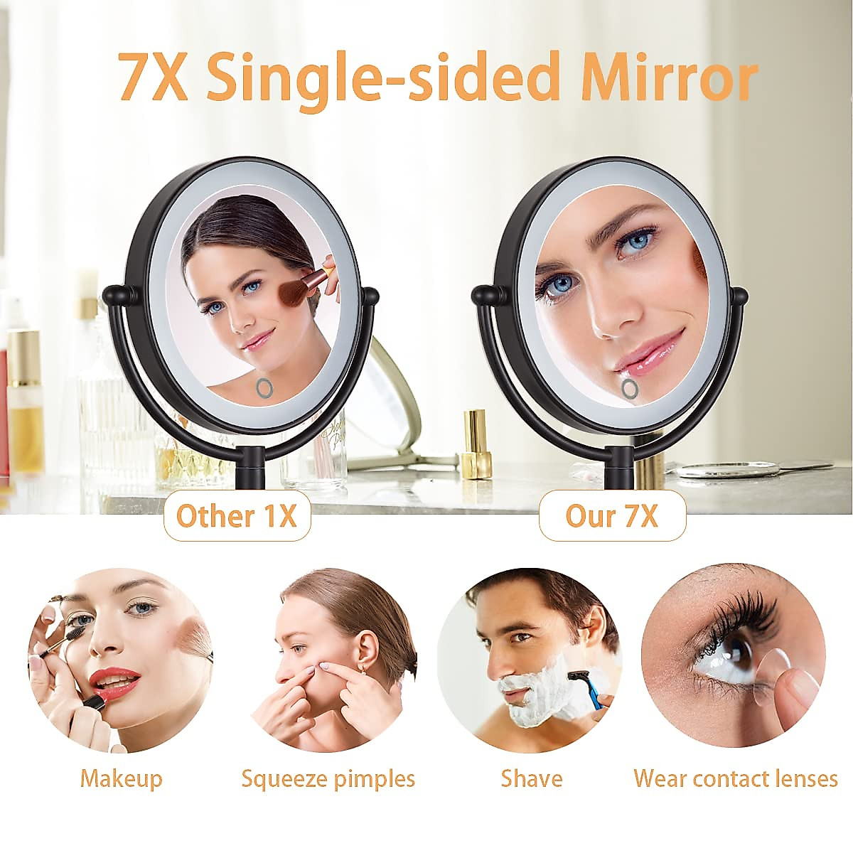 Wall Mounted Lighted Makeup Vanity Mirror 8 Inch Double Sided 1X 10X Magnifying Bathroom Mirror, Touch Screen Dimming, Extended Arm 360 Rotation Shaving Light up Mirror, Black