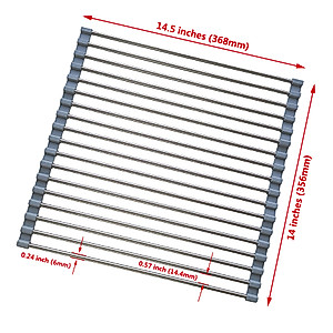 Roll Up Dish Drying Rack 14.5”(L) x 14”(W) Stainless Steel and Silicone Dish Drying Mat Over The Kitchen Sink Foldable Drain Rack Multipurpose Dish Drainer Fruits and Vegetable Rinser (Gray)