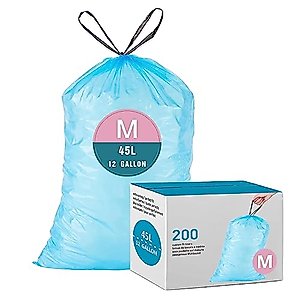 Code M (200 Count) Heavy Duty Trash Bags Blue Compatible with simpleman Code M | Blue Drawstring Garbage Liners 12 Gallon/45 Liter | Reinforced Drawstring Garbage Liners