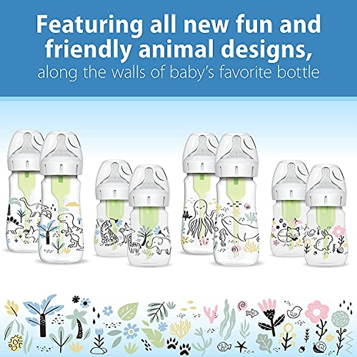 Dr. Brown’s Natural Flow® Anti-Colic Options+™ Wide-Neck Baby Bottle Designer Edition Bottles, Dinosaur and Ocean Design, 9 oz/270 mL, Level 1 Nipple, 4-Pack, 0m+