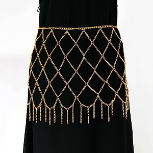 Salliy Rhinestone Body Chains Skirt Gold Sexy Belly Chain Dresses Festival Outfits Summer Body Bottom Jewelry for Women