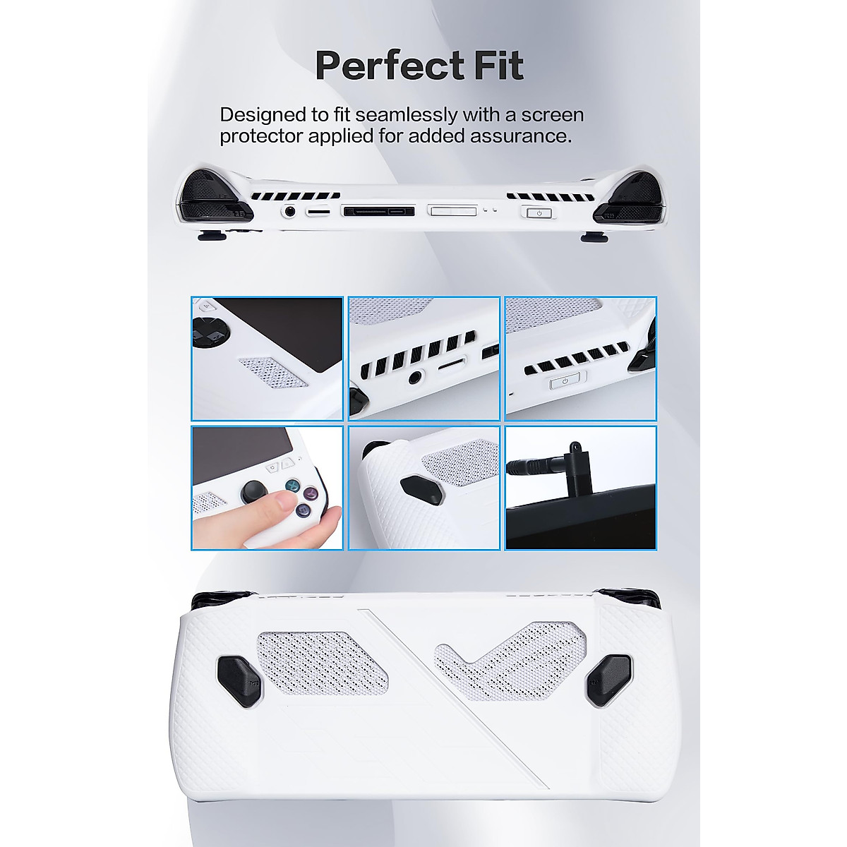 Silicone Case for ROG Ally, Protective Case for ROG Ally with Tempered Glass Screen Protectors, Dust-Proof Net, Joystick Protectors and 3.1 Adapter - White