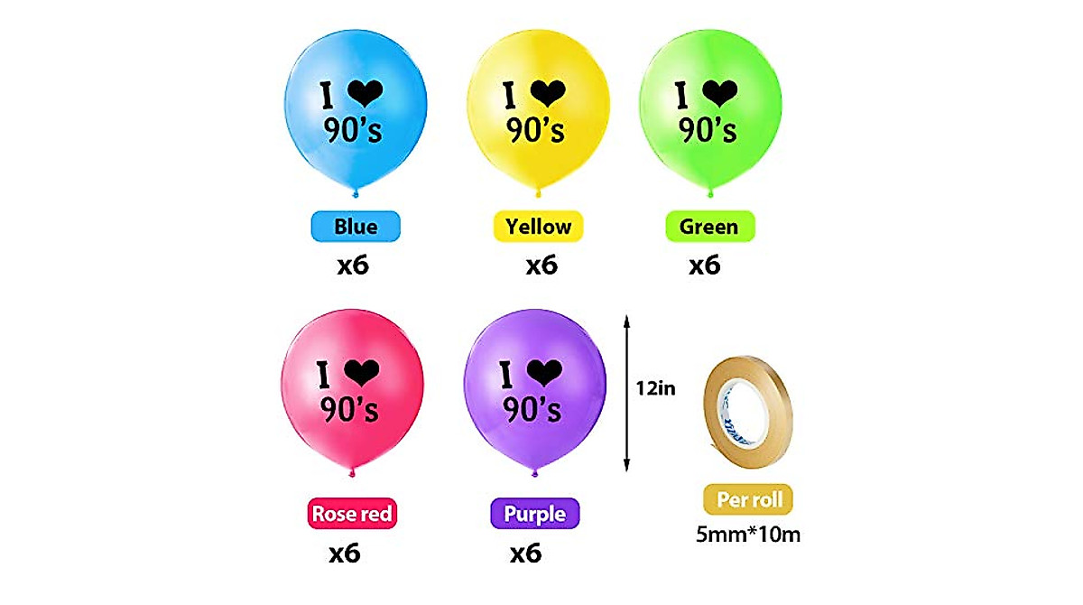 90s Themed Party Balloons - Bright “I Love 90s” Latex Pack