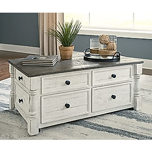 Signature Design by Ashley Havalance Farmhouse Lift Top Coffee Table with 4 Storage Drawers and Small Storage Tray, Whitewash