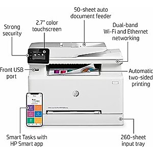 HP Color Laserjet Pro MFP M283cdw All-in-One Wireless Laser Printer - 50-Sheet ADF, Auto Duplex Printing - Remote Mobile Print Scan Copy Fax, 22ppm, 8.5x14, 600dpi, Ethernet, Cbmoun Printer_Cable