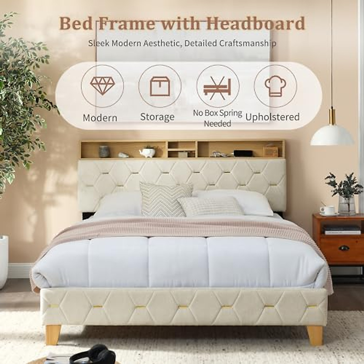 Haplized Queen Size Bed Frame with Storage, Shelf Upholstered Headboard, Platform Bed with Outlet & USB Ports, Wood Legs, No Box Spring Needed, Easy Assembly, Beige