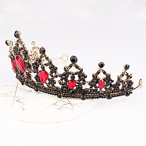 CAVETEE Black Crown for Women Halloween Party Favors Birthday Tiara Luxurious Red Rhinestones Crown Wedding Bridal Crown Birthday Party Princess Party Prom Black Tiaras and Crowns for Women Girls