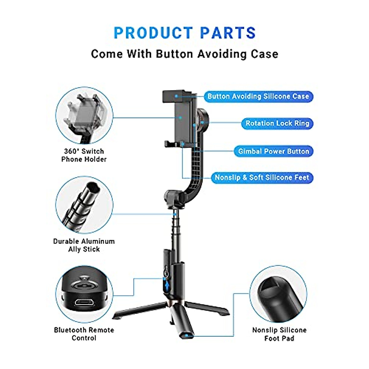 Gimbal Stabilizer For Smartphone, APEXEL 360° Rotation Auto Balance Small Portable Handhold Selfie Stick Tripod With Wireless Remote, 1-Axis Lightweight Extendable Stabilizer Gimble Iphone Phone Gopro