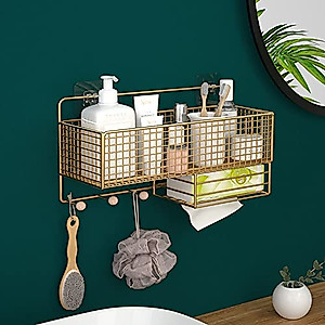 Shower Caddy Shelf with Hooks and Paper Rack Punch-free Bathroom Storage Rack Organizer No Drilling Wall Mounted Stainless Steel Shower Basket Storage Shelf (Golden)
