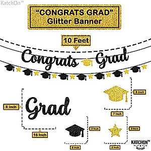 Congrats Grad Banner, Black Glitter - 10 Feet and Cap Garland, No DIY | Graduation Banner, College Graduation Decorations | Black and Gold Graduation Party Decorations 2023 | Congratulations Banner