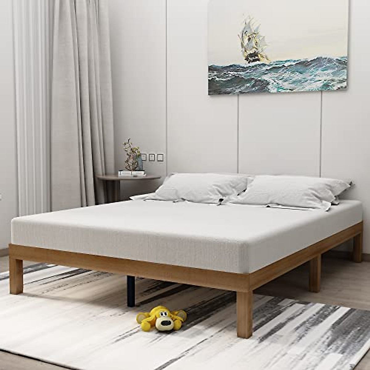 JULYFOX Rubber Wood Bed Frame Queen Size, 12 inch Solid Wood Platform Bed Queen Size 650 lbs Heavy Duty No Headboard No Box Spring Needed,(Natural,Queen Size)