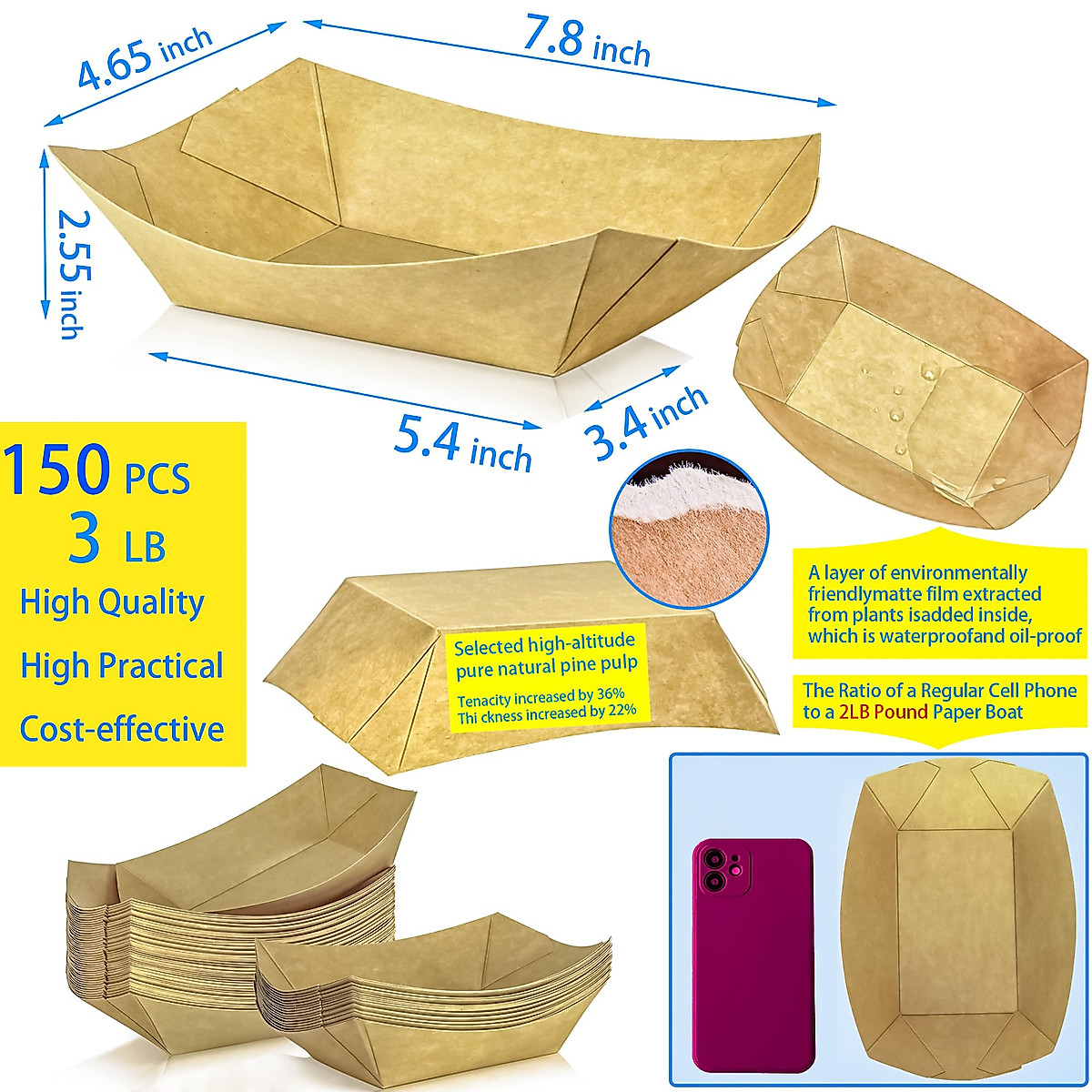 MotBach 150 Pack 3LB Extra Large Paper Food Boat Trays Disposable Paper Boats, Heavy Duty Food Boats, Paper Food Serving Tray Boat Basket for Snacks Popcorn Dessert Sandwich Burger Taco Fries Nacho