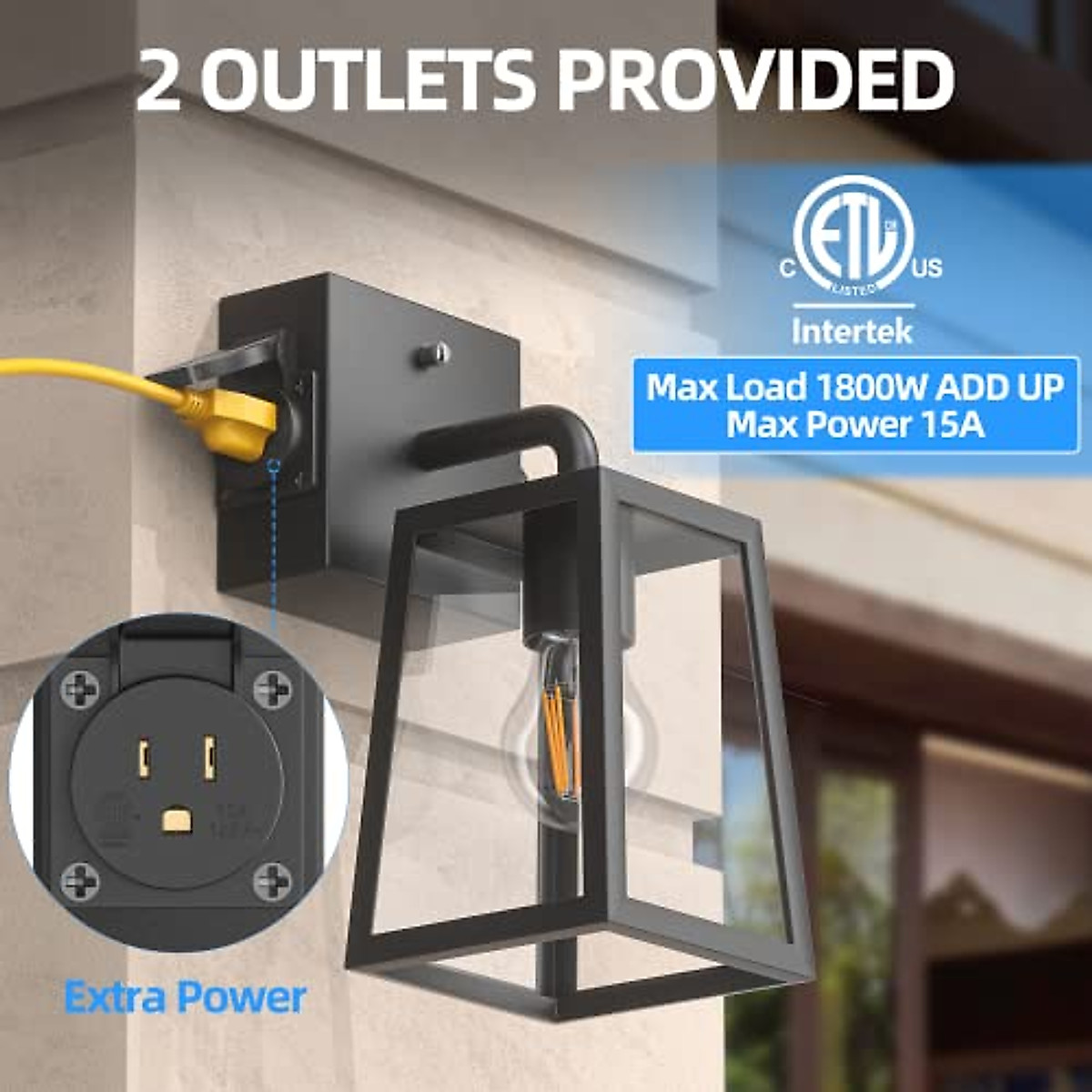 SPECILITE Dusk to Dawn Porch Lights with 2 Outlets, Waterproof & Anti-Rust Outdoor Light Fixture, Black Finish Exterior Light Fixture for Garage, Patio, Garden