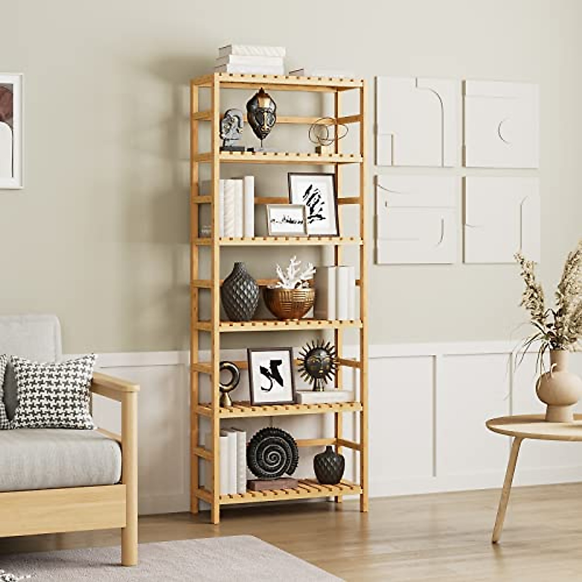Bamjoy Bamboo Shelf, 6 Tier Bookcase Storage Shelves, Tall Book Rack Shelving Unit, Multipurpose Storage Display Shelf Adjustable Shelves Plant Stand for Home Office Bathroom Kitchen Living Room, 64"H