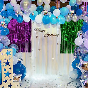 URATOT 2 Pack 29 x 106 Inches Mardi Gras Metallic Fringe Table Skirt Mardi Gras Decorations for Party Gold Green Purple Foil Fringe Table Skirt