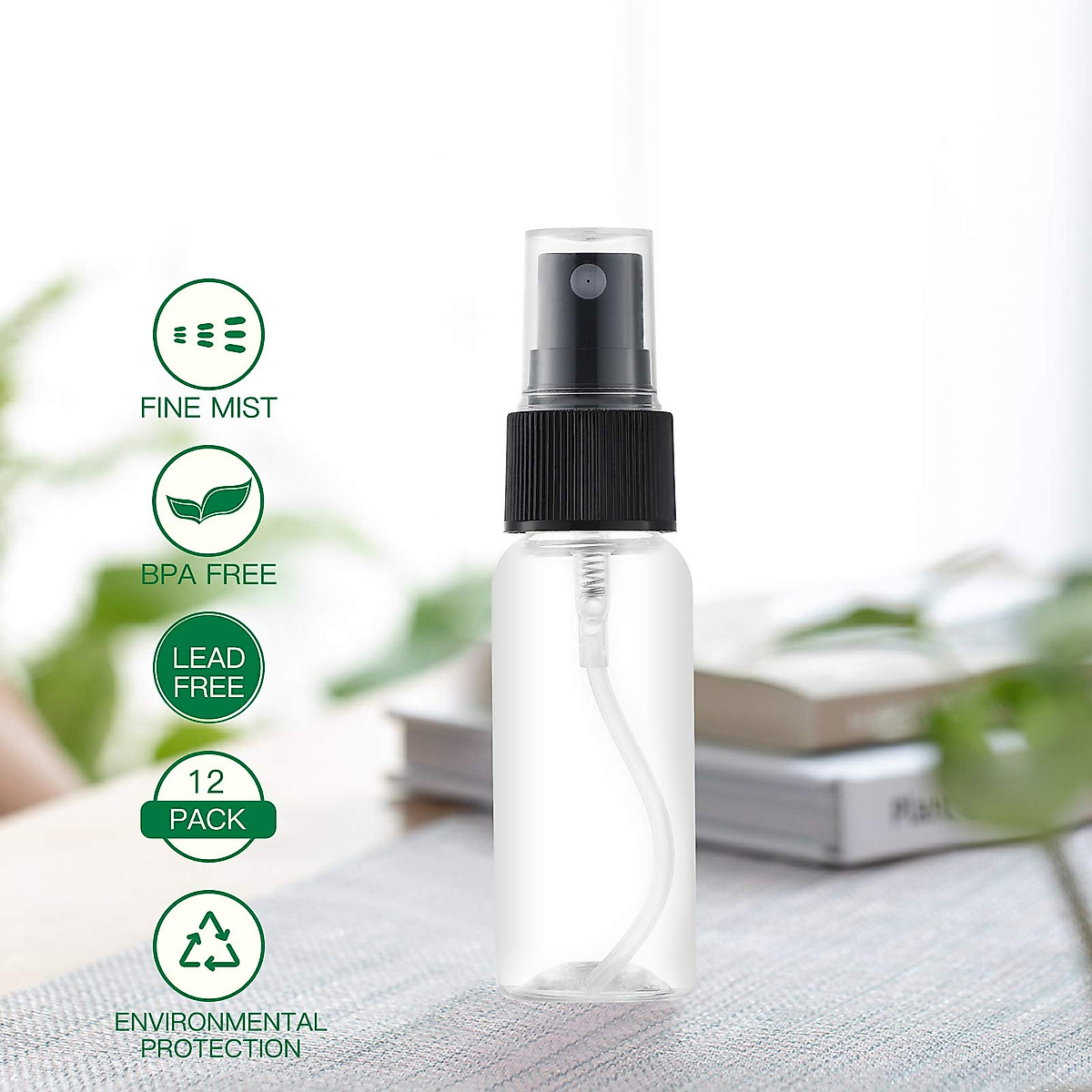 LISAPACK 1oz Small Plastic Spray Bottle (12 Pack) Empty Mini Fine Mist Travel Size Atomizer, Tiny Sprayer for Little Perfume, Water, Cologne, Alcohol, Samples (Clear, 30ml)