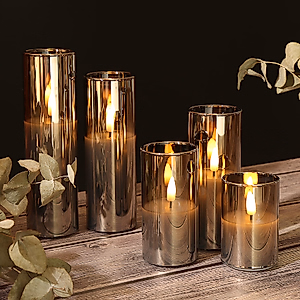 Eywamage 5 Pack Grey Glass Flameless Candles with Remote, Flickering Slim Tall LED Pillar Votive Candles Battery Included