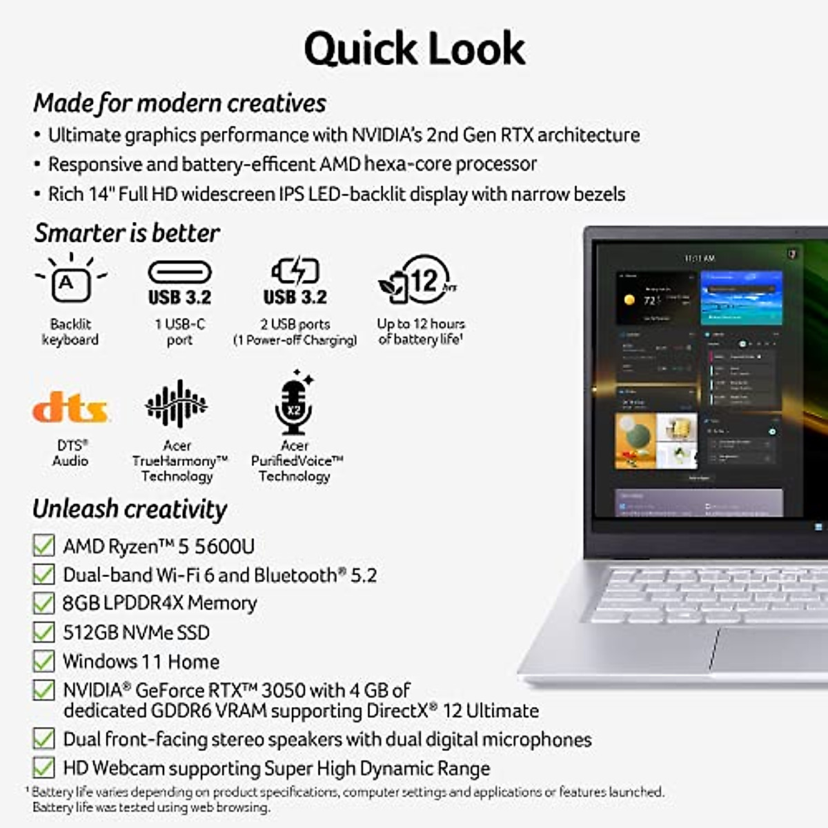 Acer Swift X SFX14-41G-R7YT Creator Laptop | 14" Full HD 100% sRGB | AMD Ryzen 5 5600U | NVIDIA RTX 3050 Laptop GPU | 8GB LPDDR4X | 512GB NVMe SSD | Wi-Fi 6 | Backlit Keyboard | Windows 11 Home, Gold