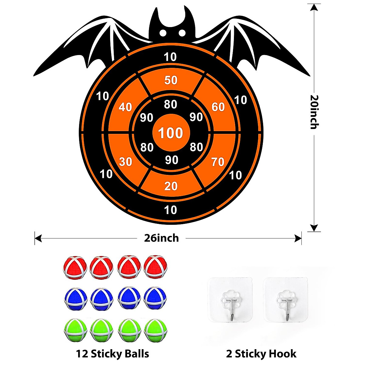 Halloween Party Games Toys for Kids, Large 26" Halloween Bat Dart Board Game Decorations Centerpieces Party Supplies with 12 Sticky Balls for Halloween