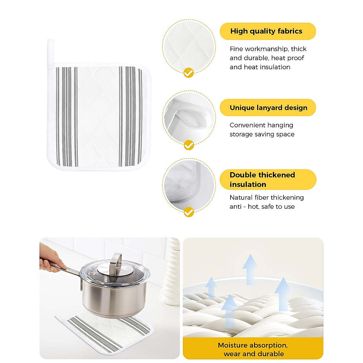 Grey White Stripes 2 PCS Pot Holders for Kitchens Counter, Casual Bohemian Geometric Art Decor Heat Insulated Podholders Oven Hot Pads for Cooking BBQ Baking Heat Proof Mat